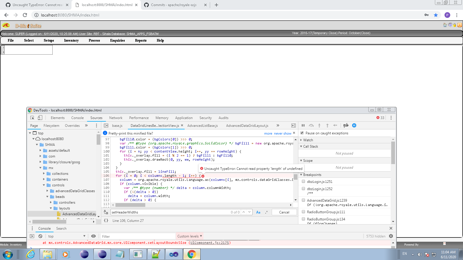 Uncaught TypeError: Cannot read property 'length' of undefined (AdvancedDataGridLayout.js:40 ...