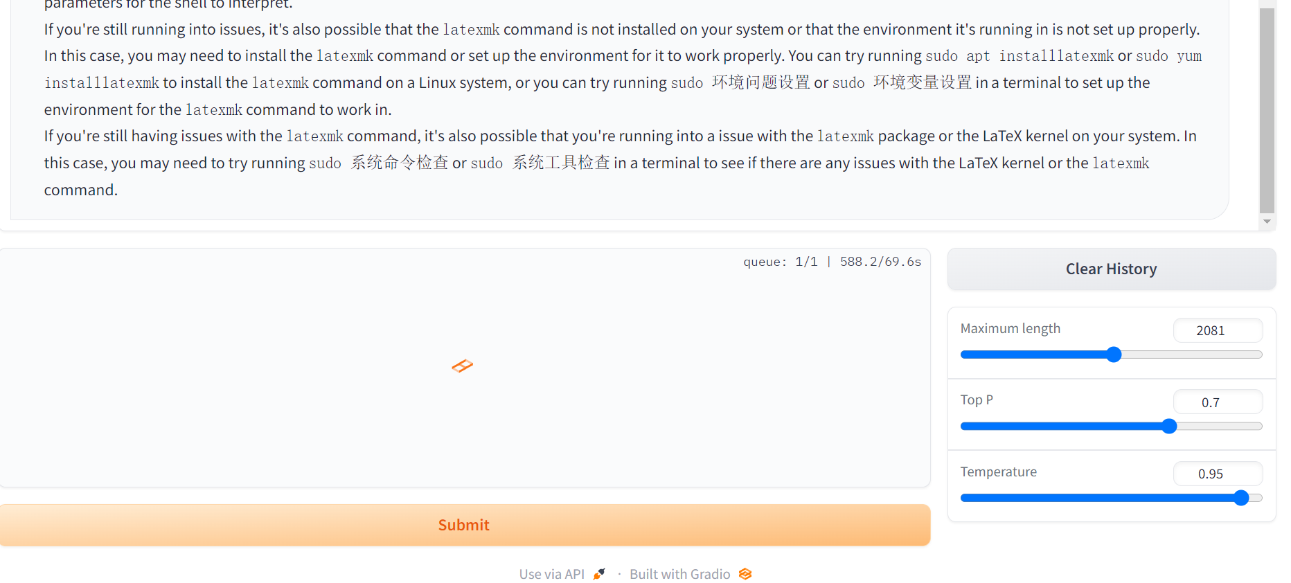webui出现一直在推理的状态，即使回答完成也不出现输入框[BUG/Help] · Issue #706 · THUDM/ChatGLM-6B · GitHub