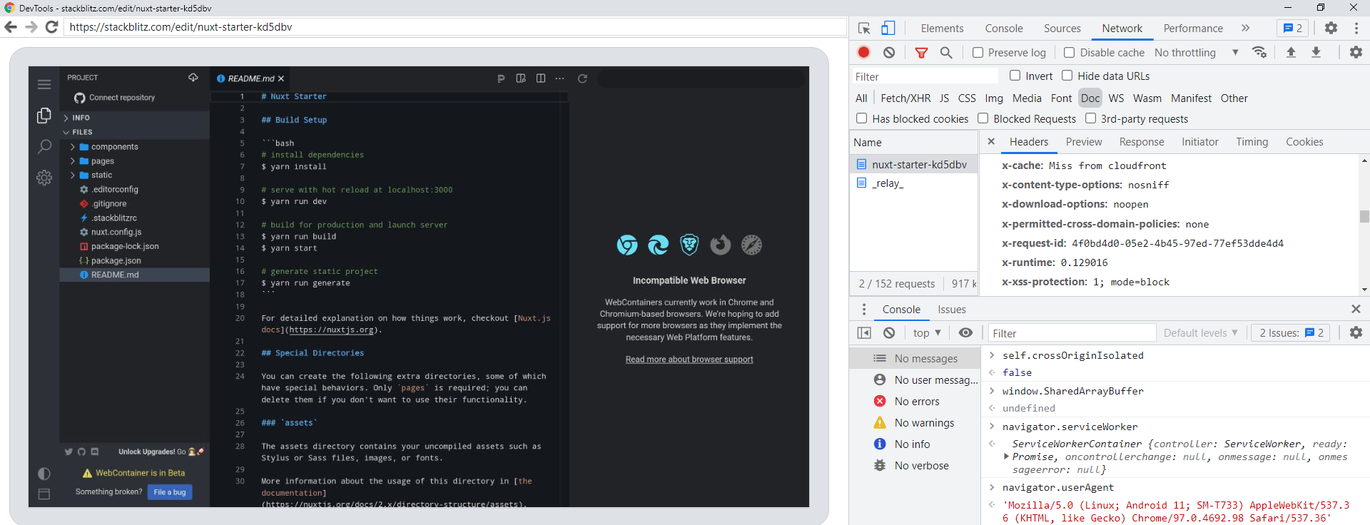 Incompatible Web Browser on Android 11 Tablet · Issue #447 · stackblitz/webcontainer-core · GitHub