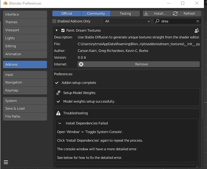 Dream does not load in the side panel · Issue #188 · carson-katri/dream-textures · GitHub