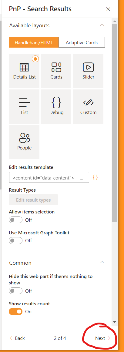 Search Result webpart configuration "3 of 4" step can't access. Cannot set properties of ...