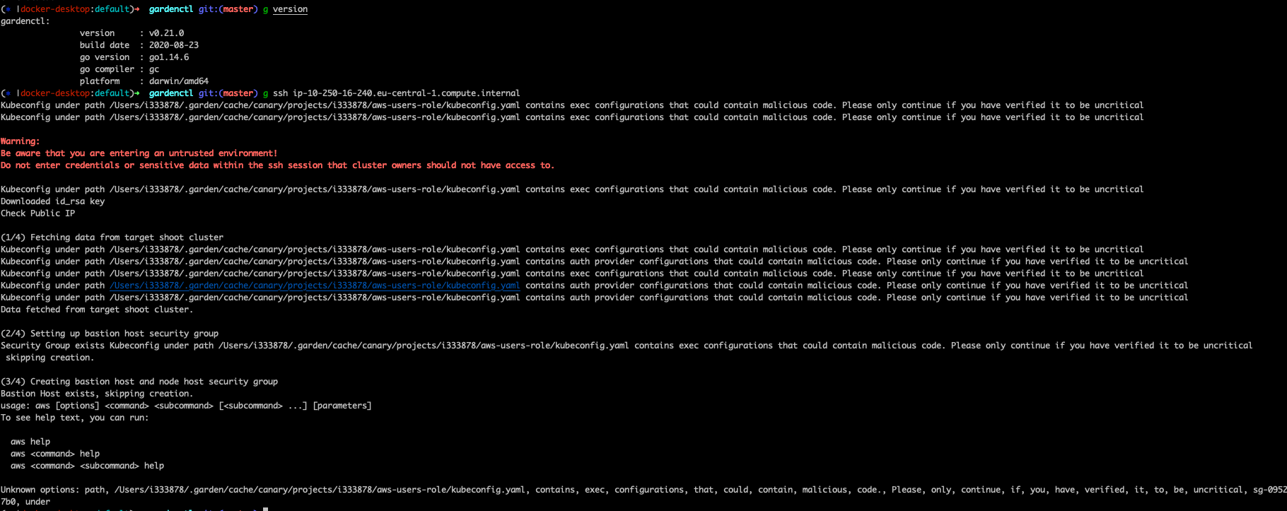 gardenctl ssh returns `Error parsing parameter '--filters': Expected: '=', received: 'EOF' for ...