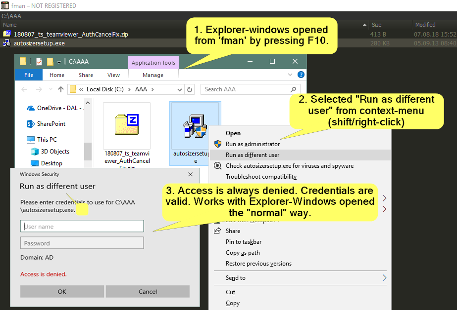 Access is denied on "Run as different user" from Windows Explorer ...