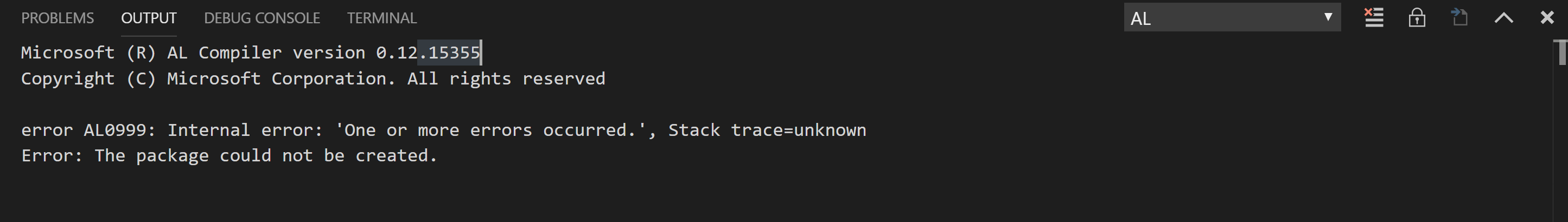 error AL0999: Internal error: 'One or more errors occurred.', Stack trace=unknown Error: The ...