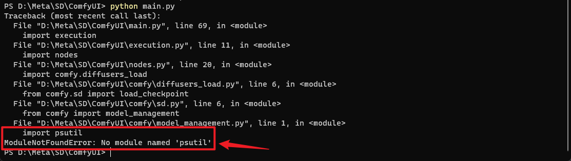 ModuleNotFoundError: No module named 'psutil' · Issue #1141 · comfyanonymous/ComfyUI · GitHub