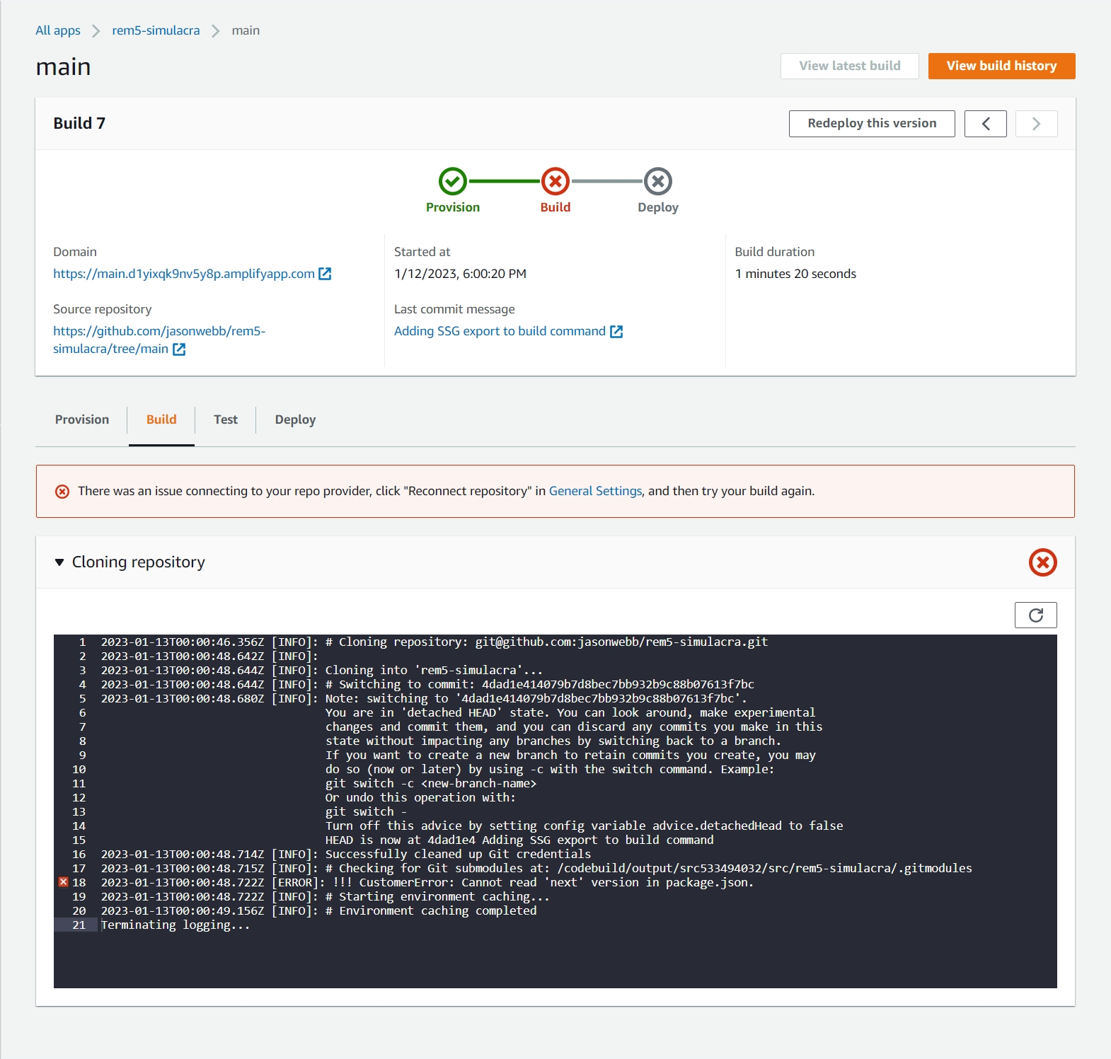 "Cannot read 'next' version" error during Build step of deploys · Issue #3236 · aws-amplify ...