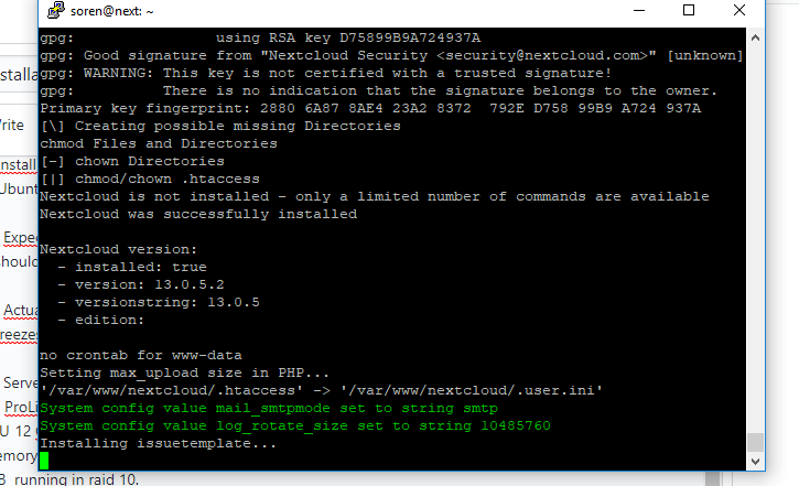 Installation freezes during "Installing issuetemplate" · Issue #627 · nextcloud/vm · GitHub