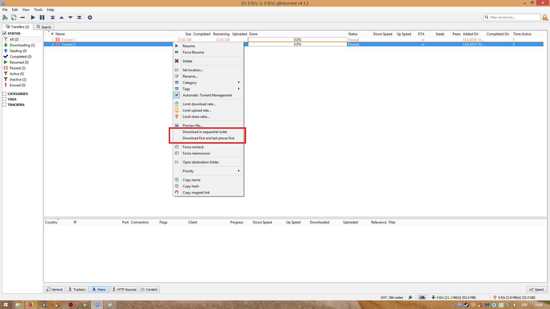 "Download in sequential order" and "Download first and last pieces ...
