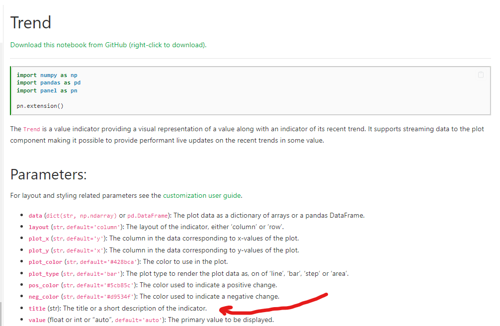 Rename `title` parameter to `name` on Trend indicator · Issue #3358 · holoviz/panel · GitHub