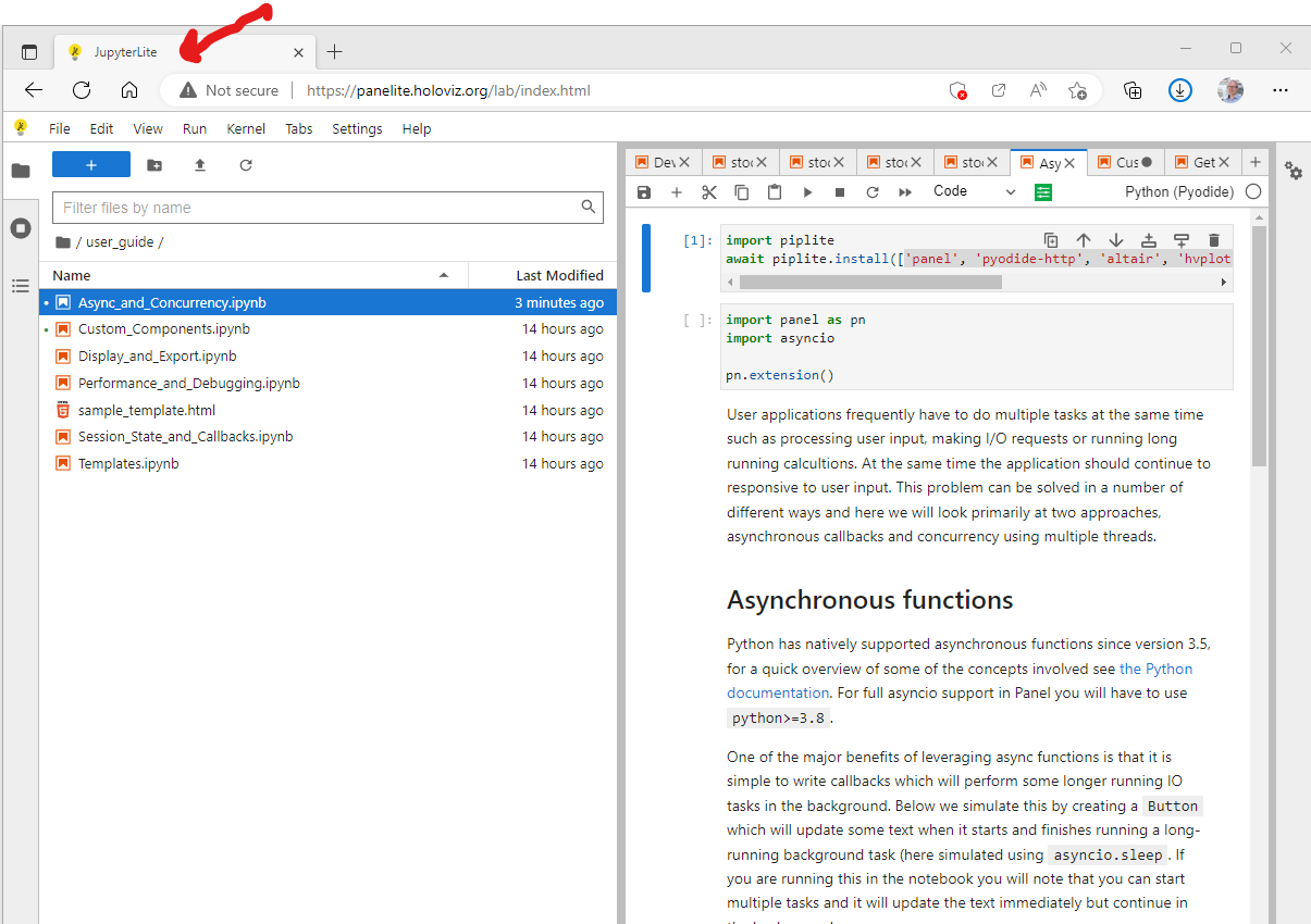 Make it clear that you are working in a special version of Jupyterlite ...