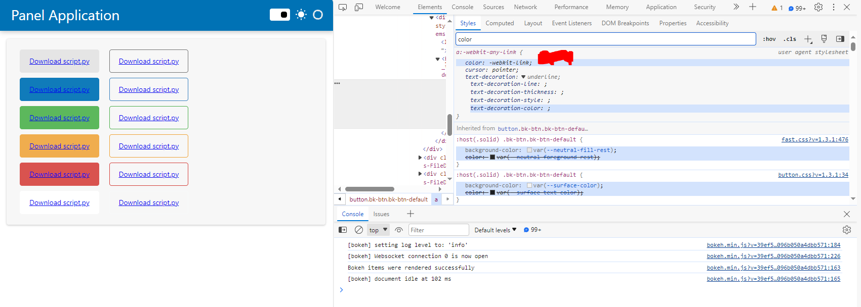 FileDownloadButton with embed=True not styled · Issue #5874 · holoviz/panel · GitHub