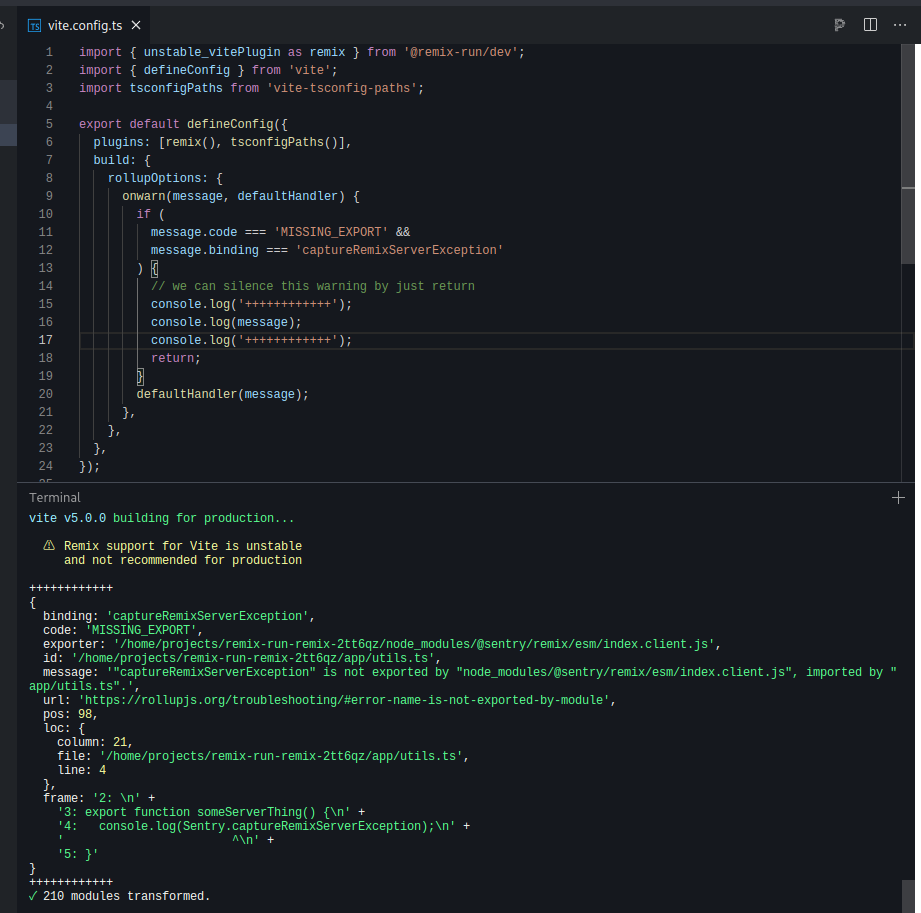 `"captureRemixServerException" is not exported by "node_modules/@sentry/remix/esm/index.client ...