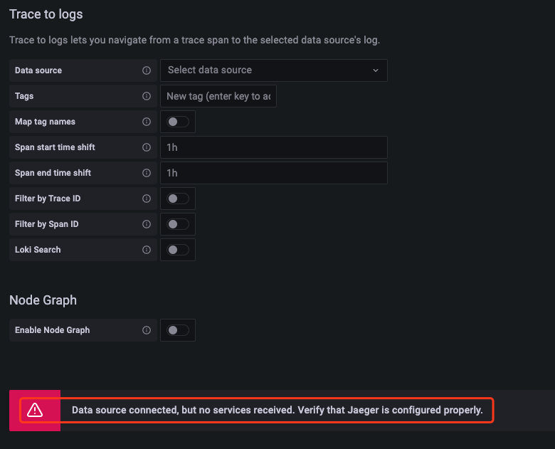 Data source connected, but no services received. Verify that Jaeger is configured properly ...