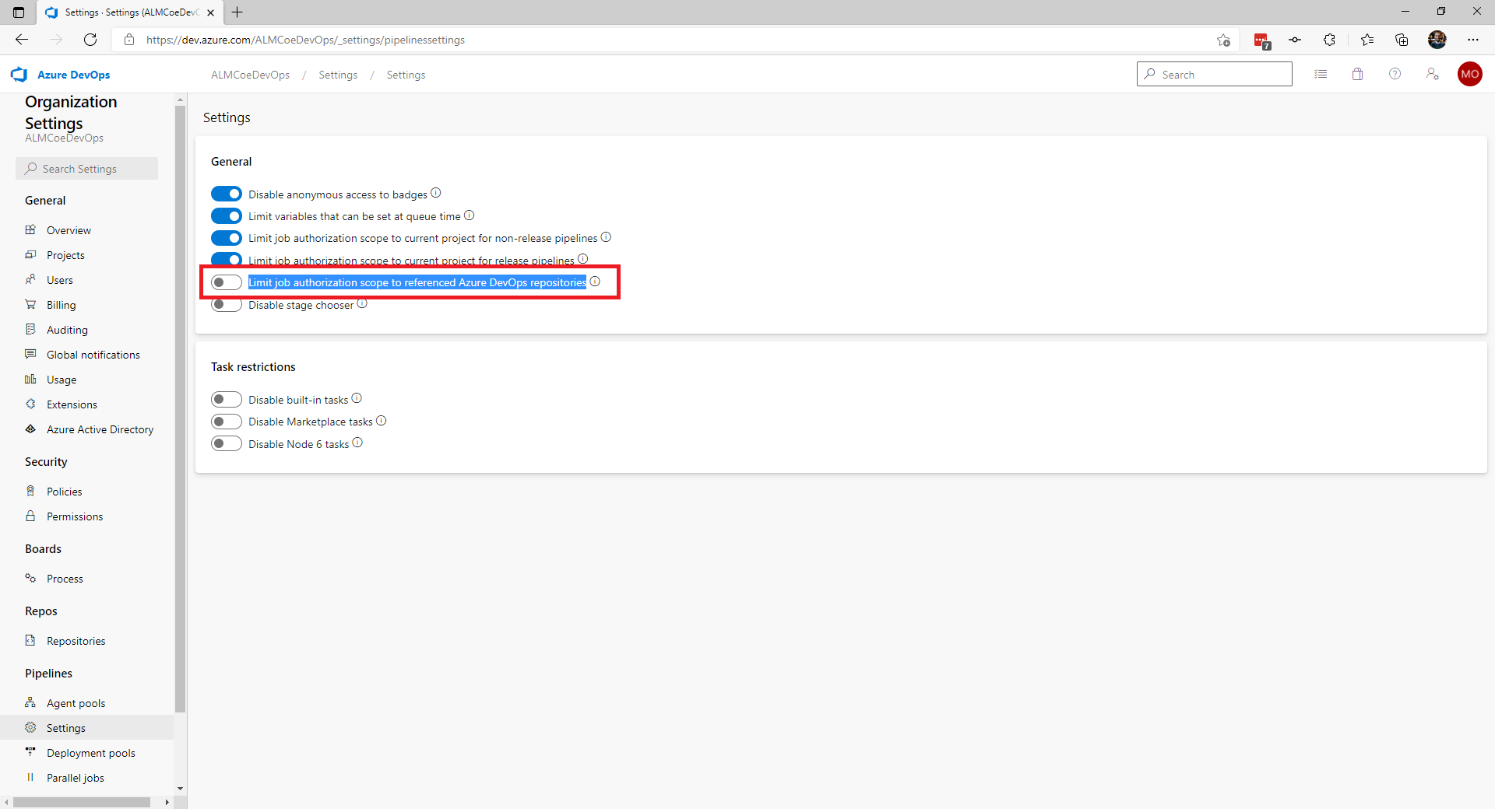 [CoE CLI]: Add option to disable limit job authorization scope to referenced Azure DevOps ...