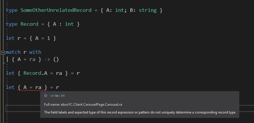 Typeinference fails when let-deconstructing record · Issue #9812 · dotnet/fsharp · GitHub