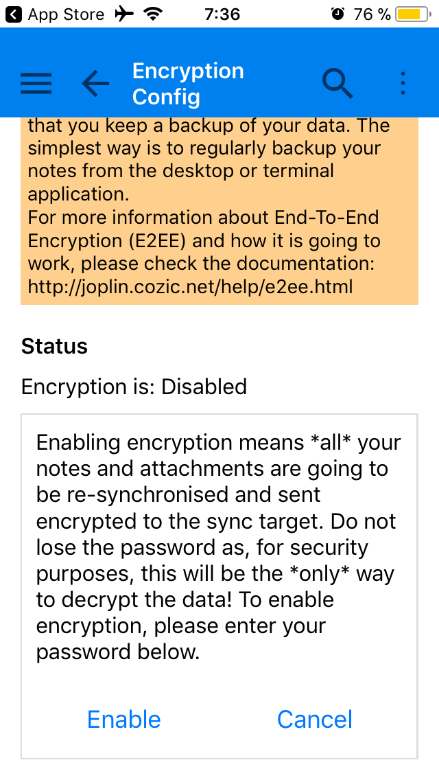 iOS: missing End-To-End Encryption input · Issue #136 · laurent22/joplin · GitHub
