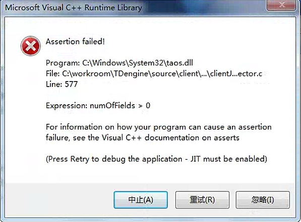 win7环境，运行 Tdengine-server，Assertion failed,Expression:numOfFields > 0 后，异常关闭 · Issue #18946 ...