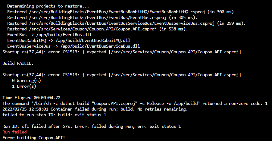 Startup.cs(37,44): error CS1513: } expected [/usr/csuser/clouddrive/aspnet-learn/src/src ...