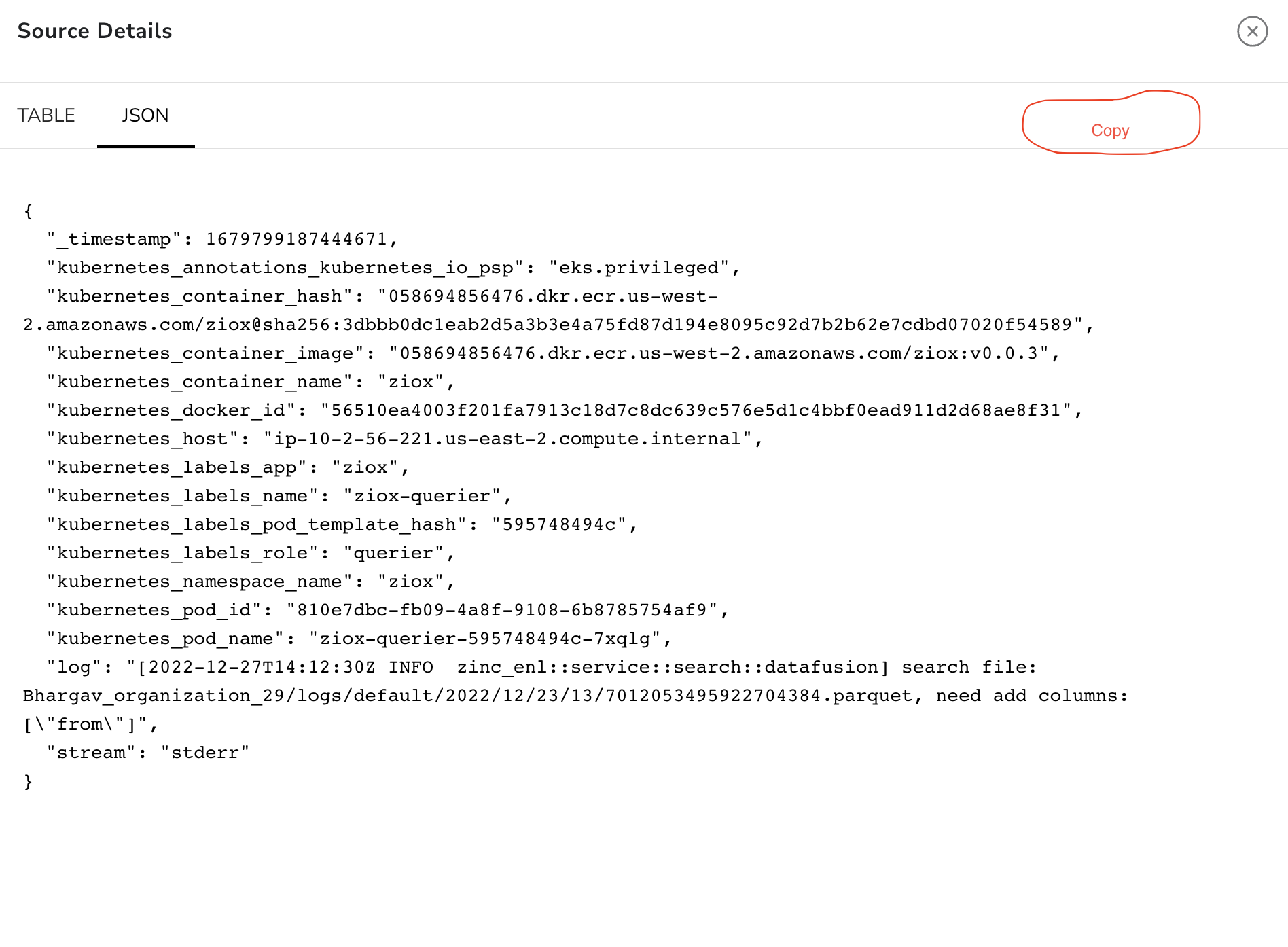 copy button on logs page to copy the json · Issue #444 · openobserve/openobserve · GitHub
