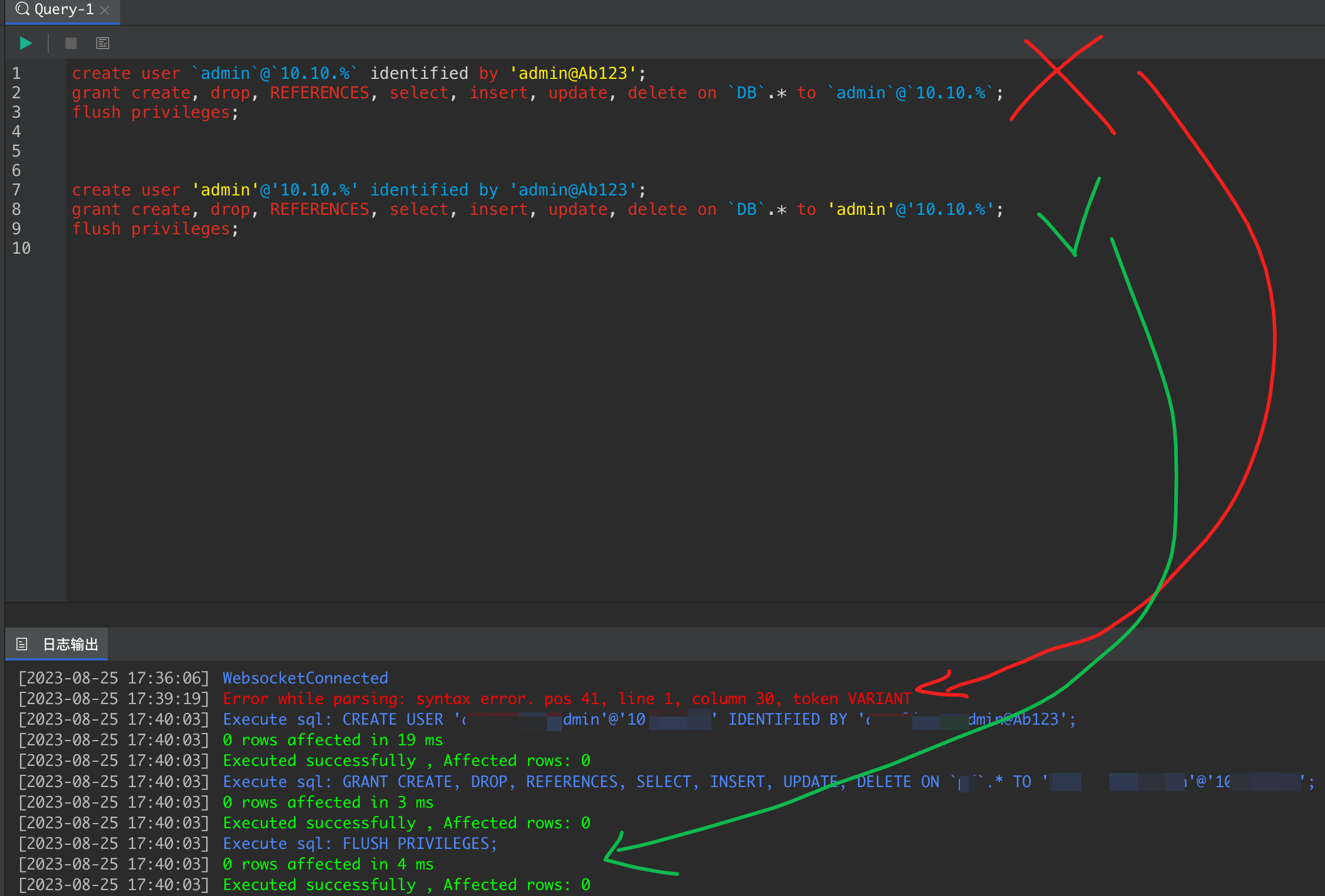 Bug 在使用web Gui执行creategrant Sql时，语句中包含 `（反引号）会报语法错误，而使用 （单引号）则正常。 · Issue 11429 