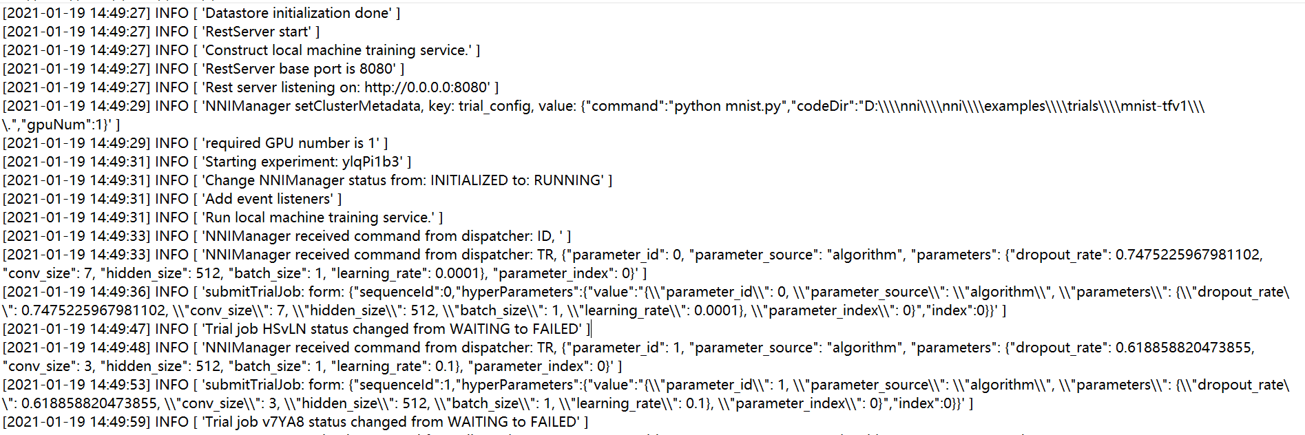 windows tfv1mnist WEBUI启动成功，总是从waiting直接failed · Issue #3320 · microsoft/nni · GitHub
