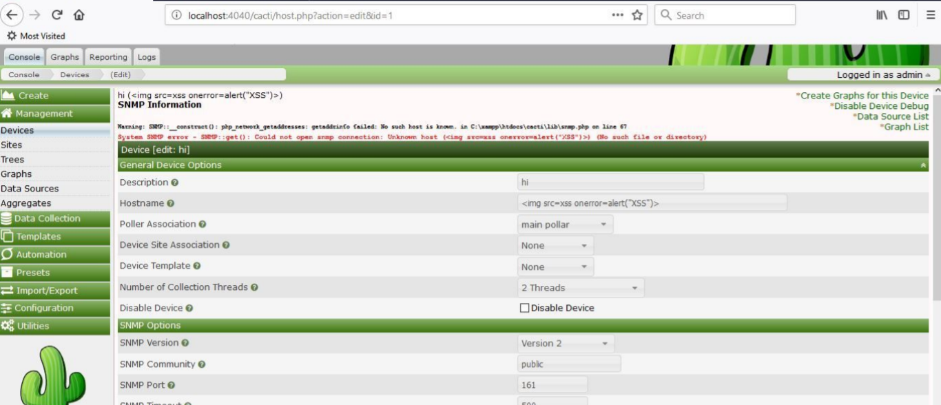 Stored XSS in "Website Hostname" field - Devices · Issue #2213 · Cacti/cacti · GitHub