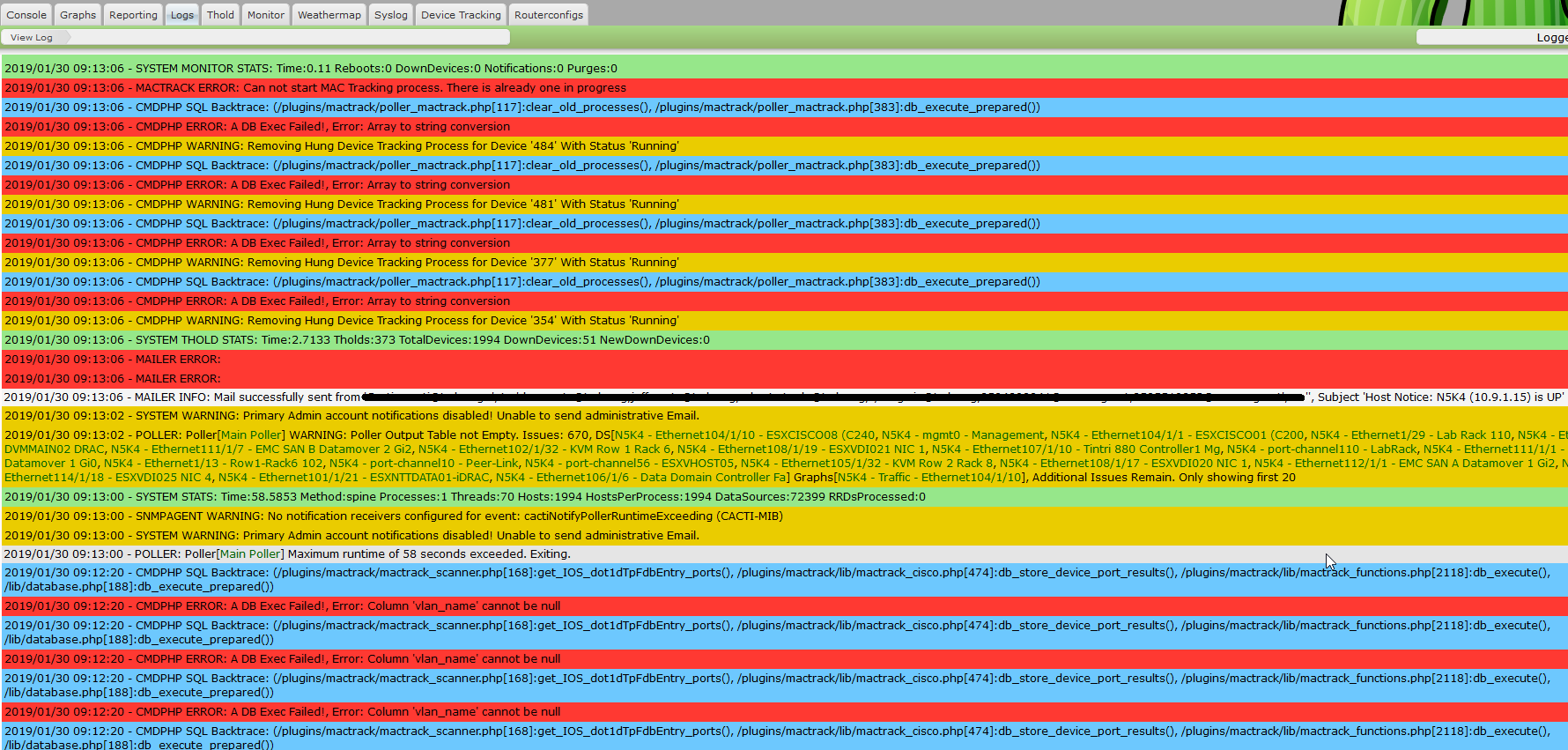 SQL Backtrace poller_mactrack.php, mactrack_scanner.php, mactrack_cisco.php, mactrack_functions ...
