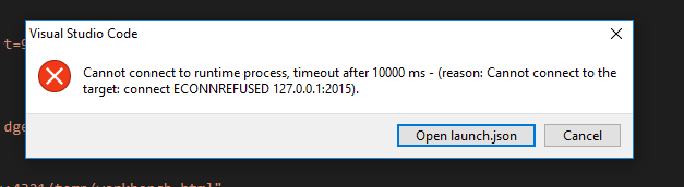 cannot connect to runtime process timeout after 10000 ms - (reason cannot connect to the target ...