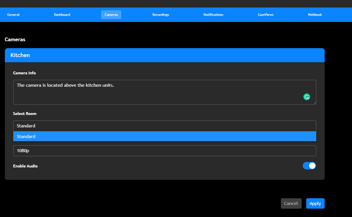 Room entry not saving, and not presenting saved rooms into dropdown of cameras "Select Room ...