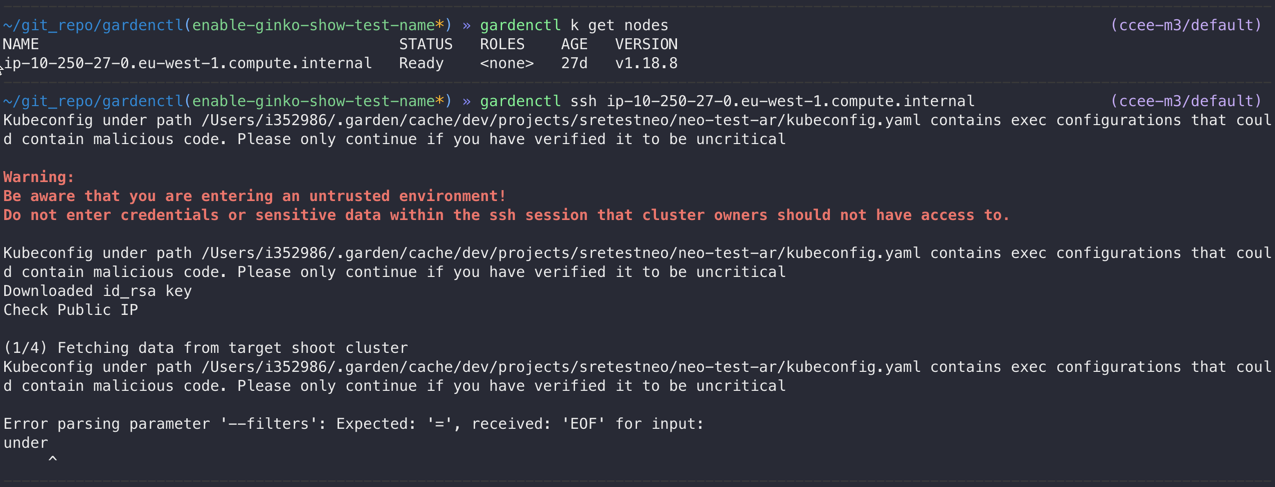 gardenctl ssh returns `Error parsing parameter '--filters': Expected: '=', received: 'EOF' for ...