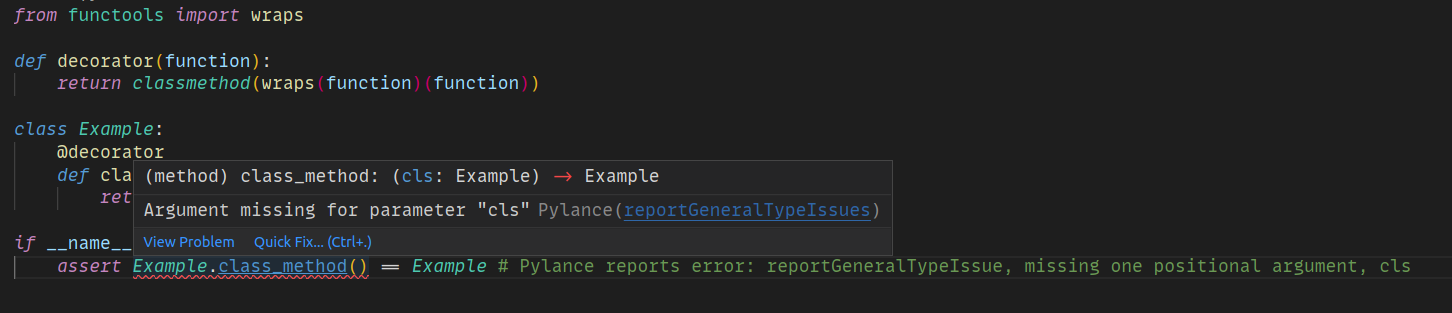 Custom decorator creates classmethod, pylance reports first argument ...