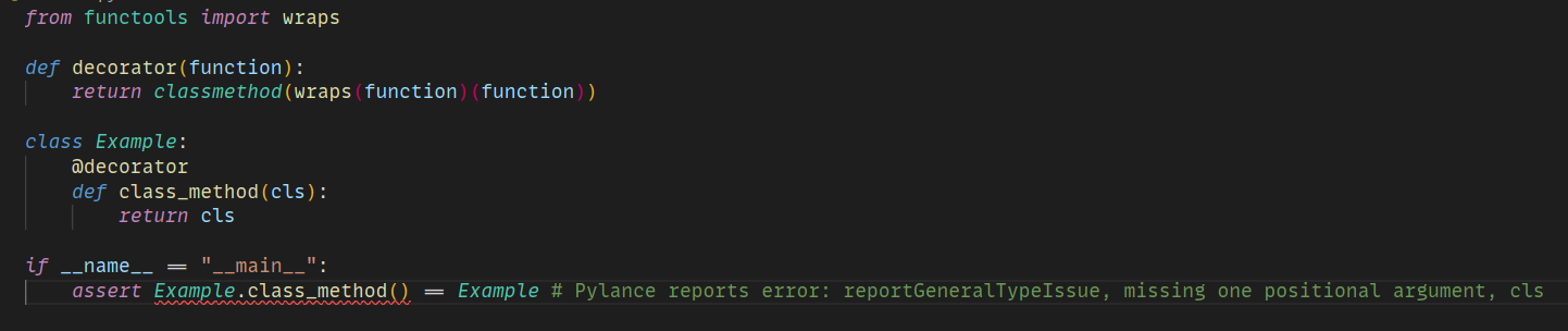Custom decorator creates classmethod, pylance reports first argument ...