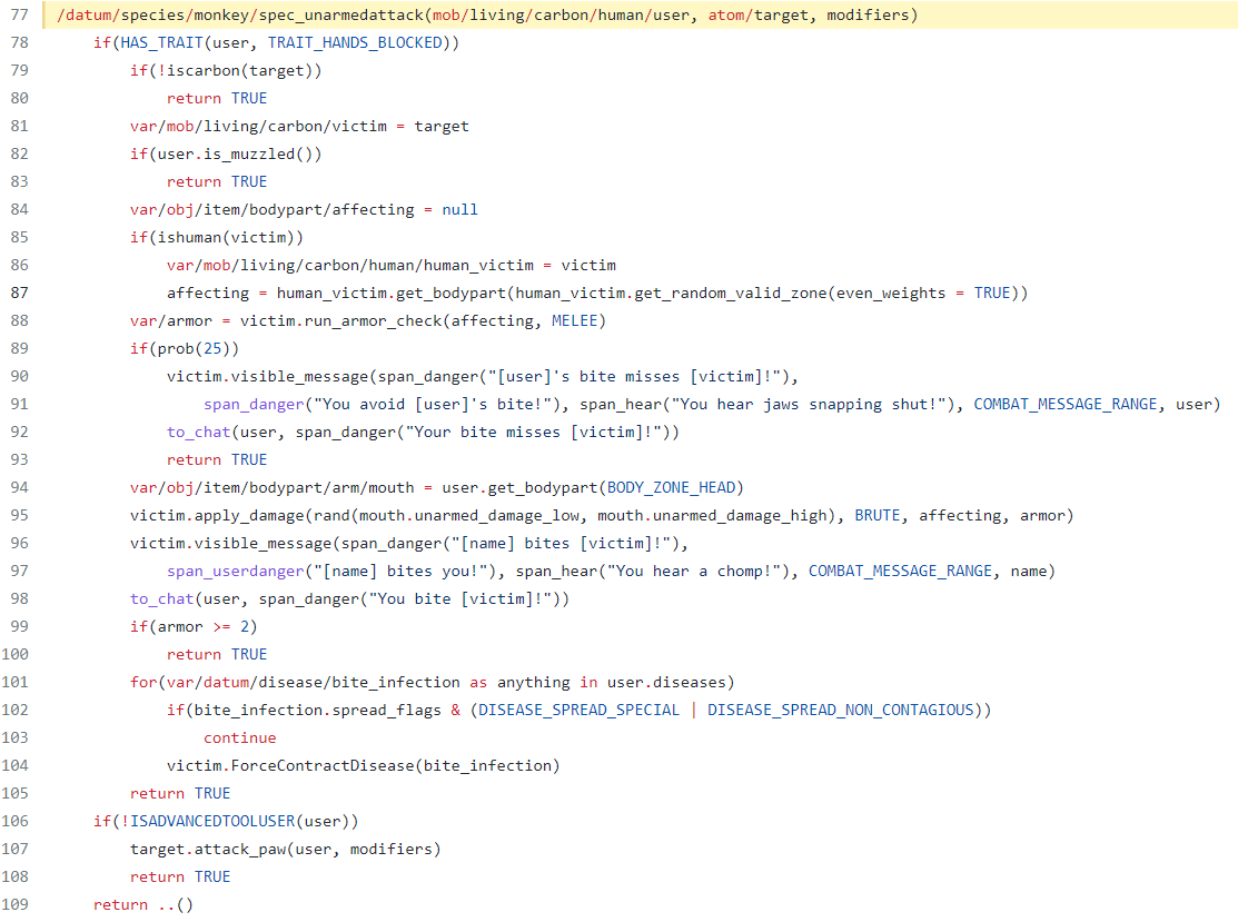 /datum/species/monkey/spec_unarmedattack() still exists and is a sin ...