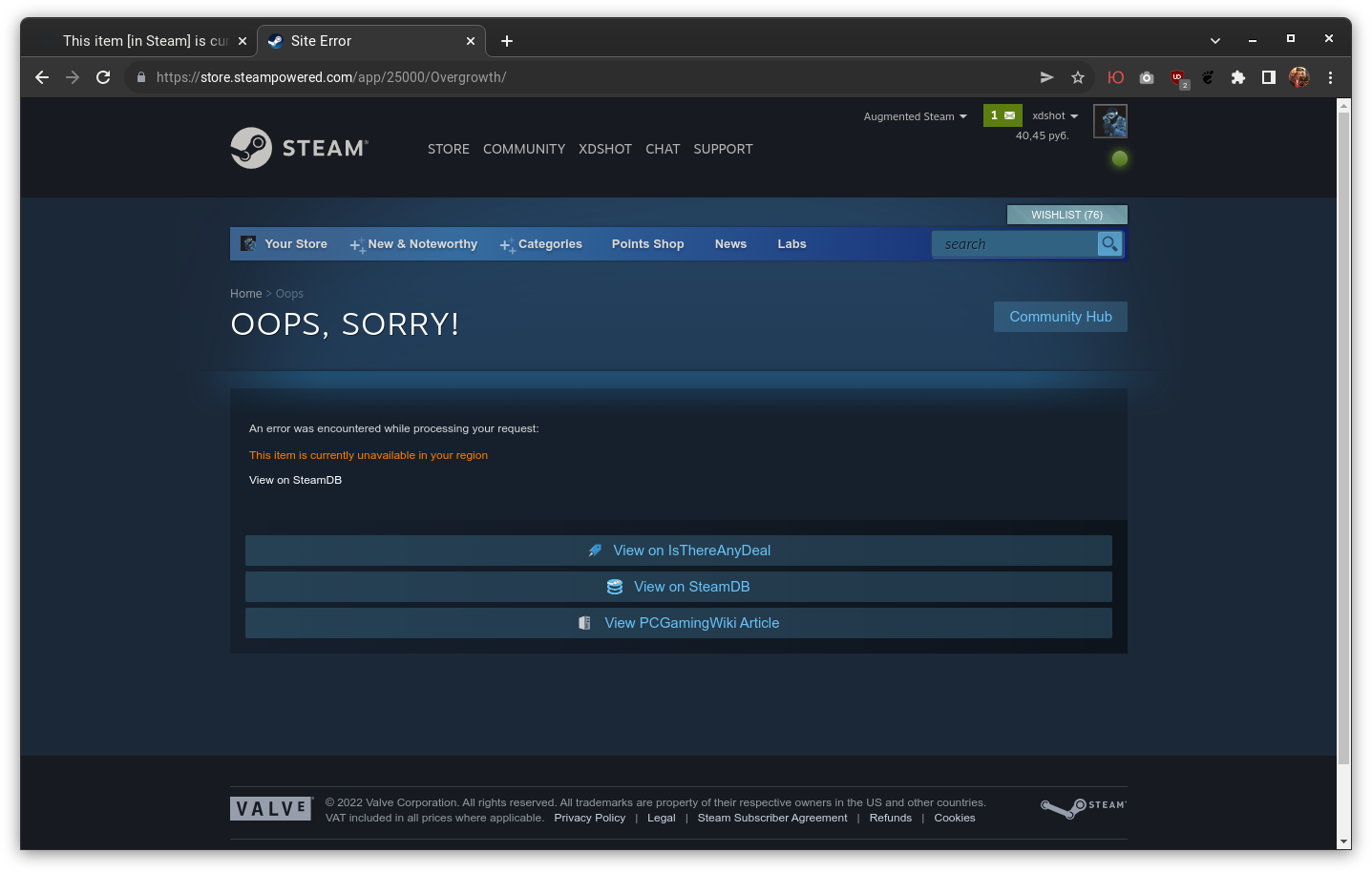 This item [in Steam] is currently unavailable in your region · Issue #17 · WolfireGames ...