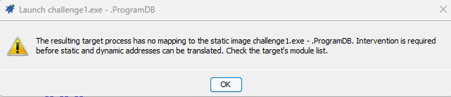 Debugger - The resulting target process has no mapping to the static ...