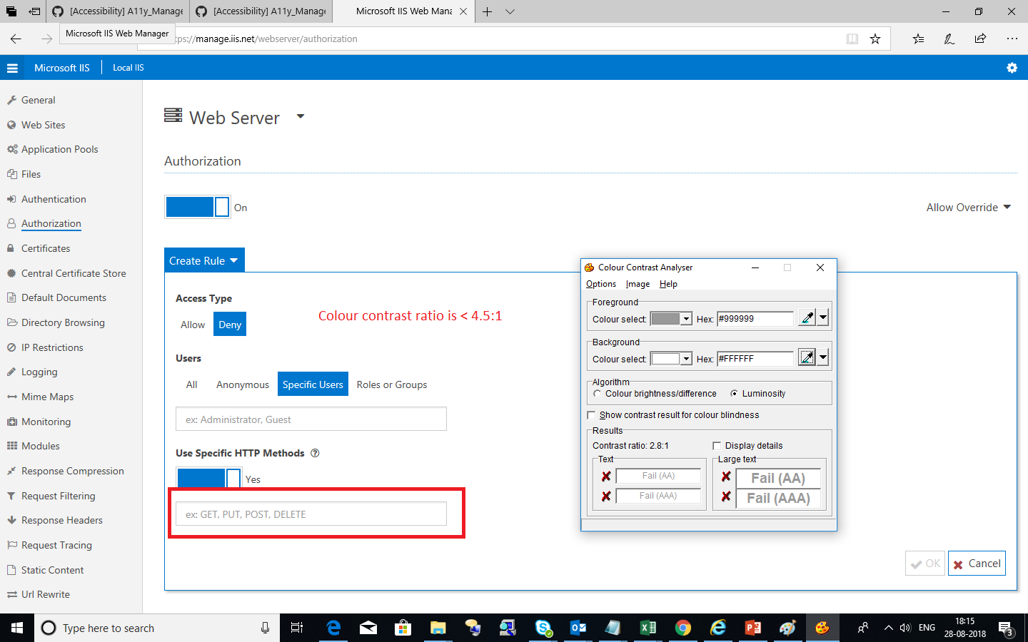 [Accessibility] A11y_Manage.IIS.Net_Web Server_Authorization_Colour Contrast: Colour Contrast ...