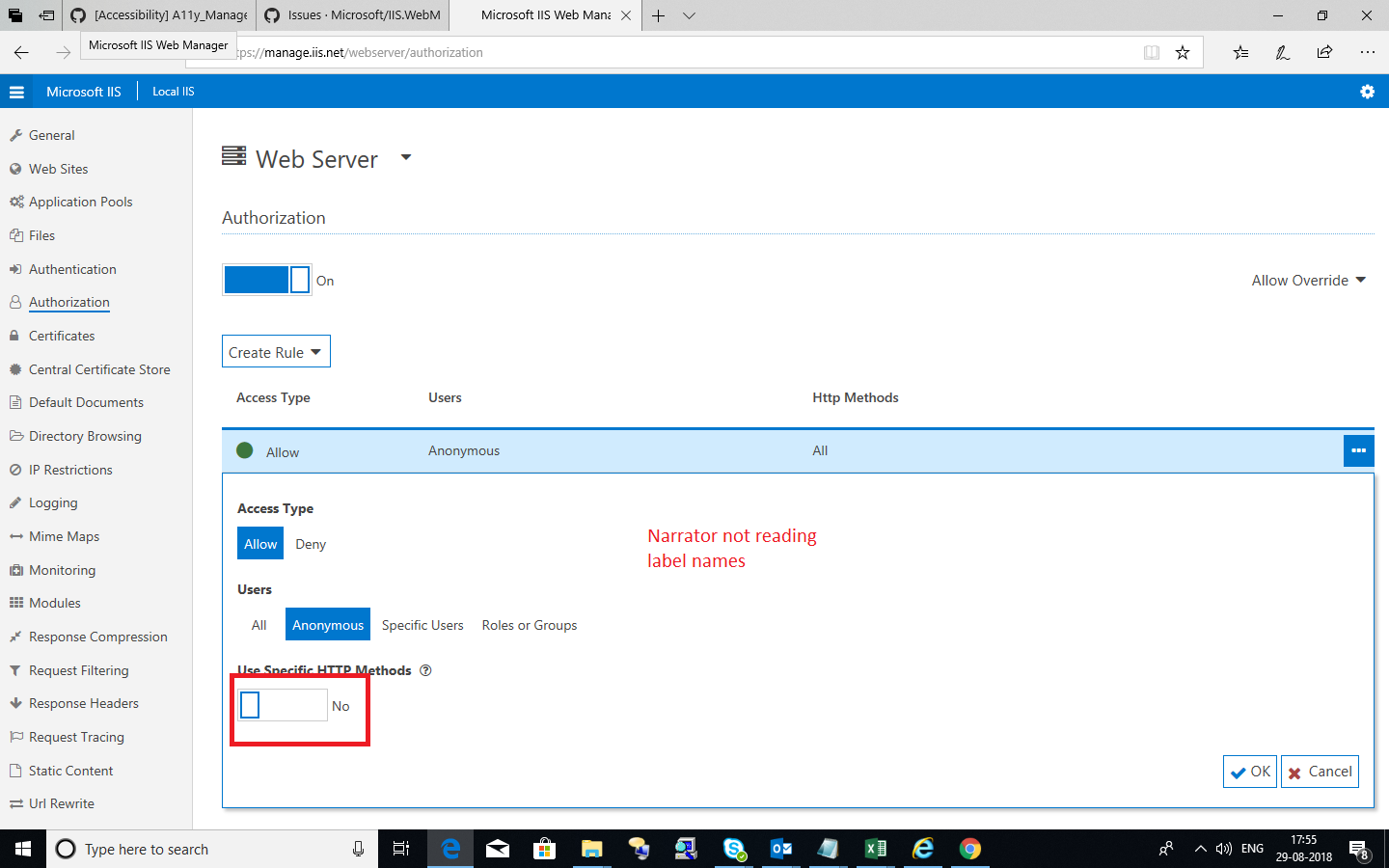 [Accessibility] A11y_Manage.IIS.Net_Web Server_Authentication_Screen Reader: Narrator is not ...