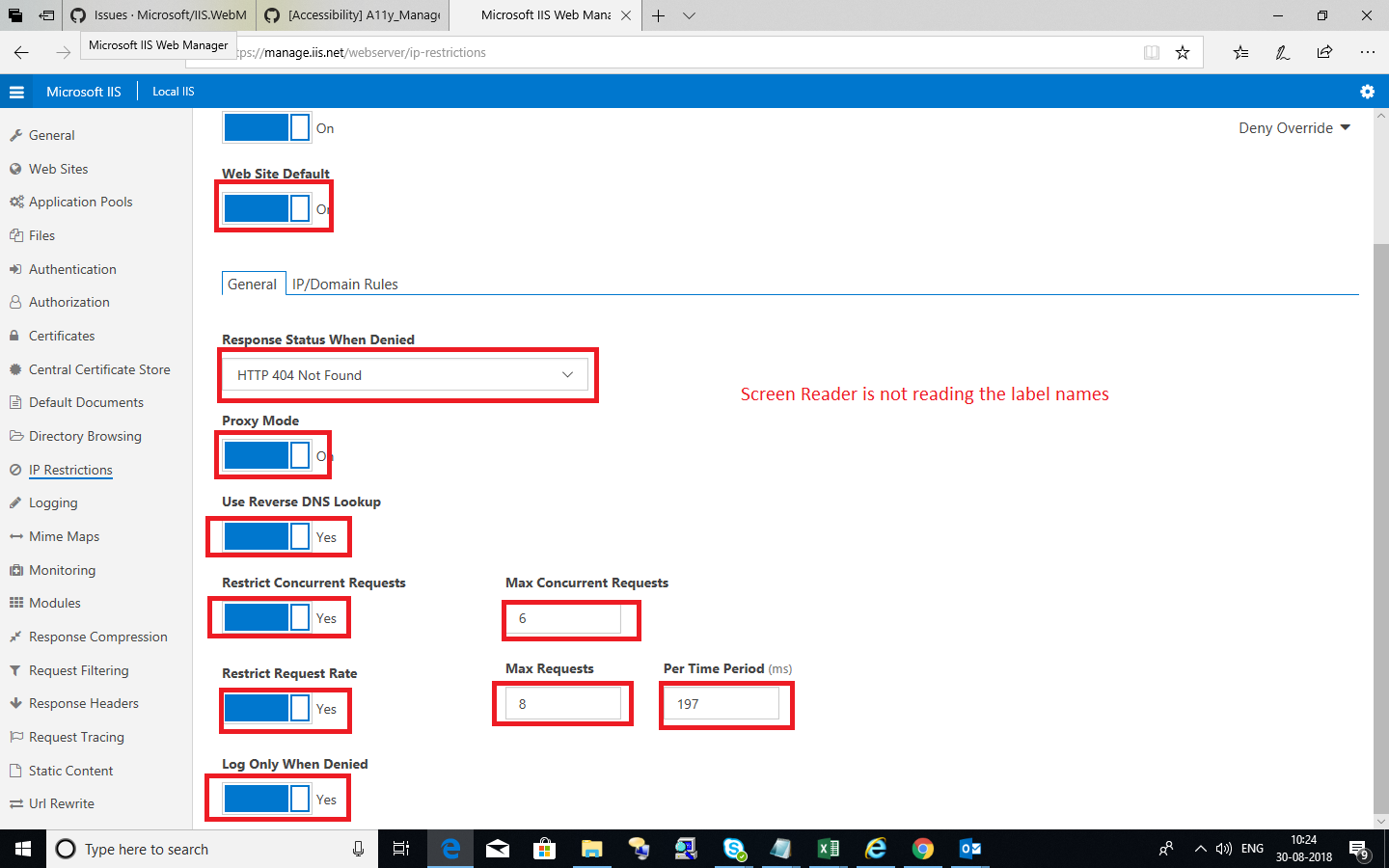 [Accessibility] A11y_Manage.IIS.Net_Web Server_Authentication_Screen Reader: Narrator is not ...