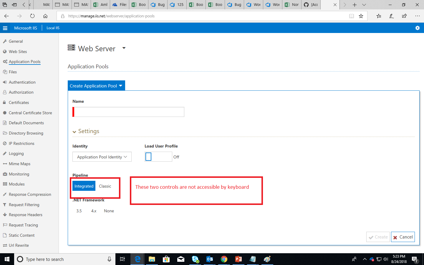 [Accessibility] A11y_Manage.IIS.Net_Create application pool_Keyboard:Integrated and classic ...