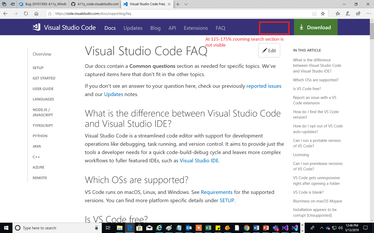A11y_code.visualstudio.com(CELA-P1)_VS Code FAQ_Resize Text:At 125-175% zooming search section ...