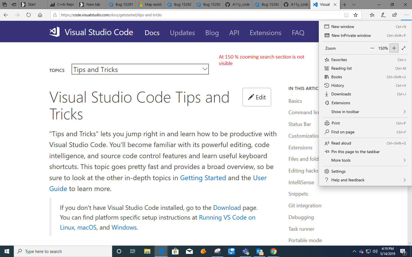 A11y_code.visualstudio.com(CELA-P1)_VS Code FAQ_Resize Text:At 125-175% zooming search section ...
