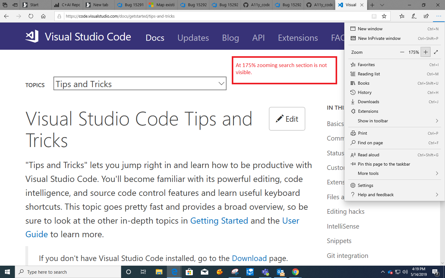 A11y_code.visualstudio.com(CELA-P1)_VS Code FAQ_Resize Text:At 125-175% zooming search section ...