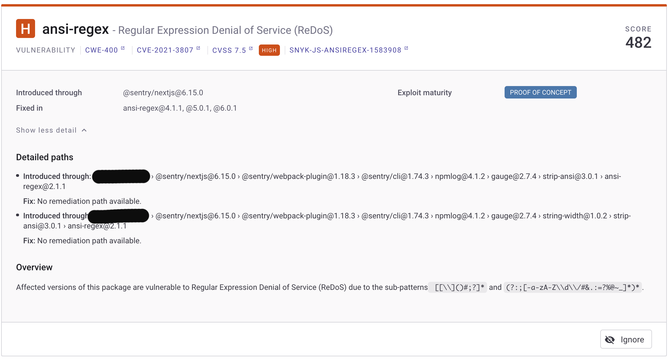 ansi-regex needs to be updated due to vulnerability · Issue #5109 · getsentry/sentry-javascript ...