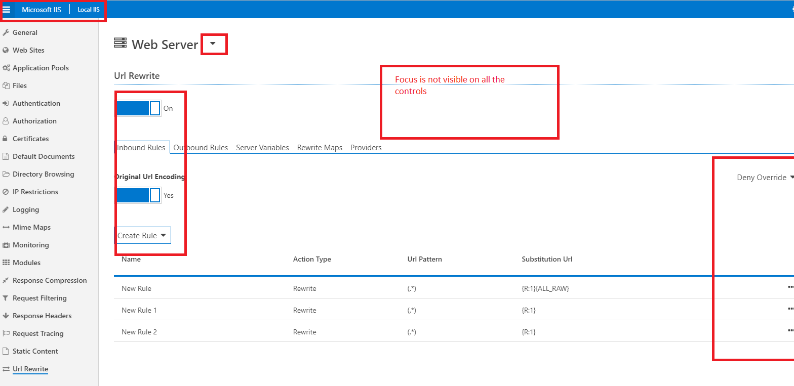 [Accessibility] A11y_Manage.IIS.Net_Web Server_Modules: Focus is not visible on all the controls ...