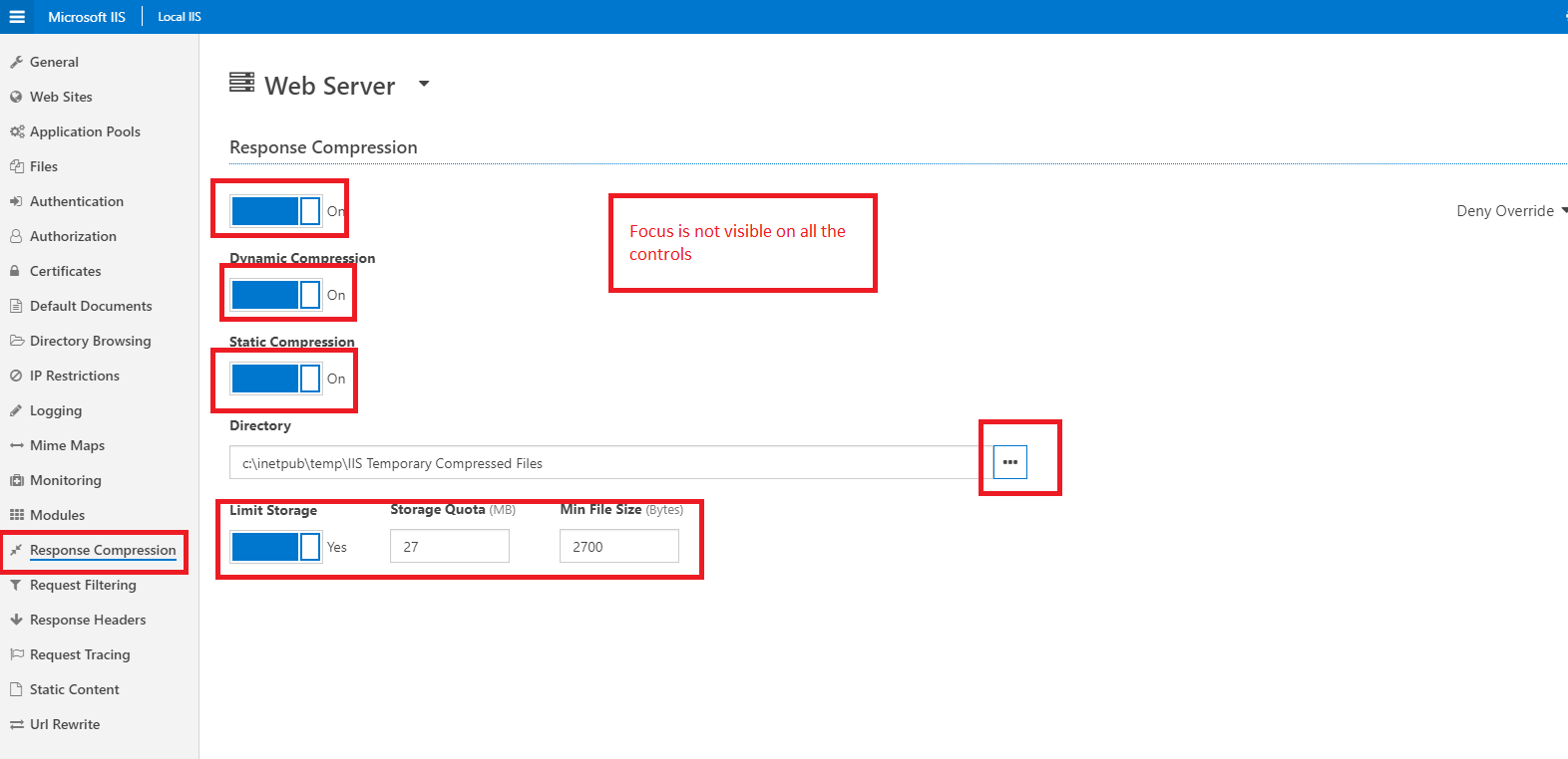 [Accessibility] A11y_Manage.IIS.Net_Web Server_Modules: Focus is not visible on all the controls ...