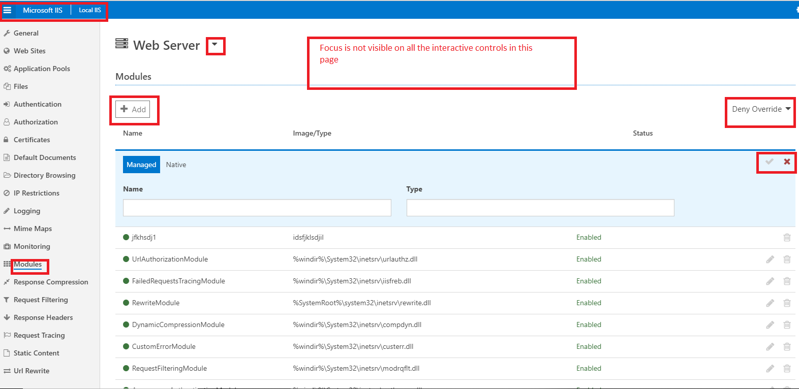 [Accessibility] A11y_Manage.IIS.Net_Web Server_Modules: Focus is not visible on all the controls ...