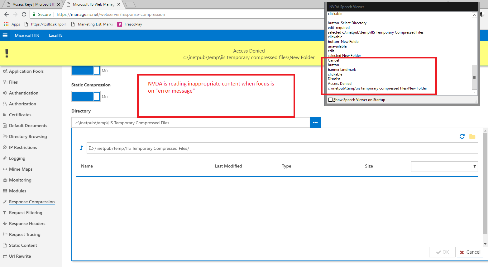 [Accessibility] A11y_Manage.IIS.Net_Web Server_Response Compression: NVDA is not reading error ...