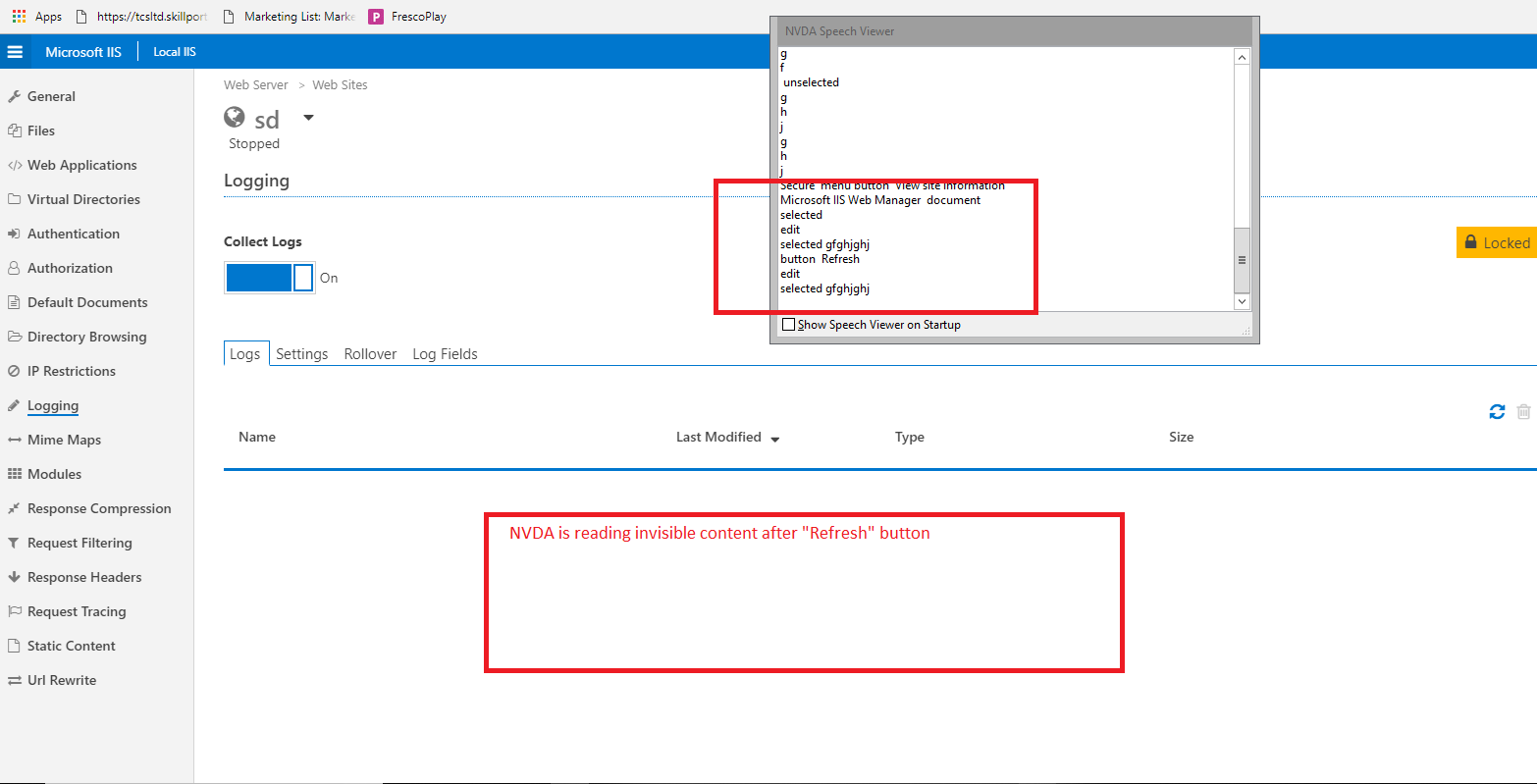 [Accessibility] A11y_Manage.IIS.Net_Web Site_Name link_Logging_Logs: NVDA is reading invisible ...