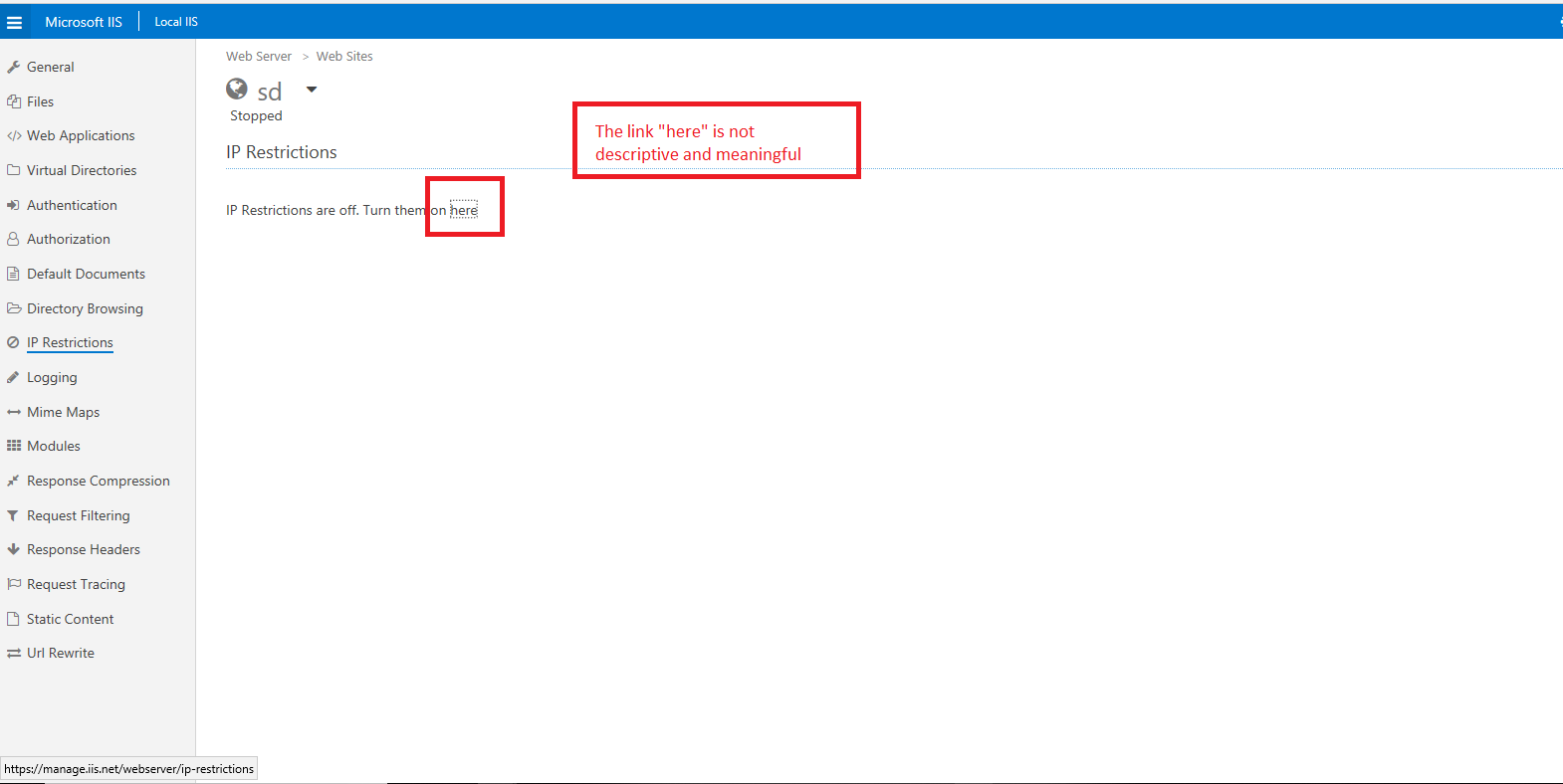 [Accessibility] A11y_Manage.IIS.Net_Web Site_Name link_IP Restrictions: The link “here” is not ...