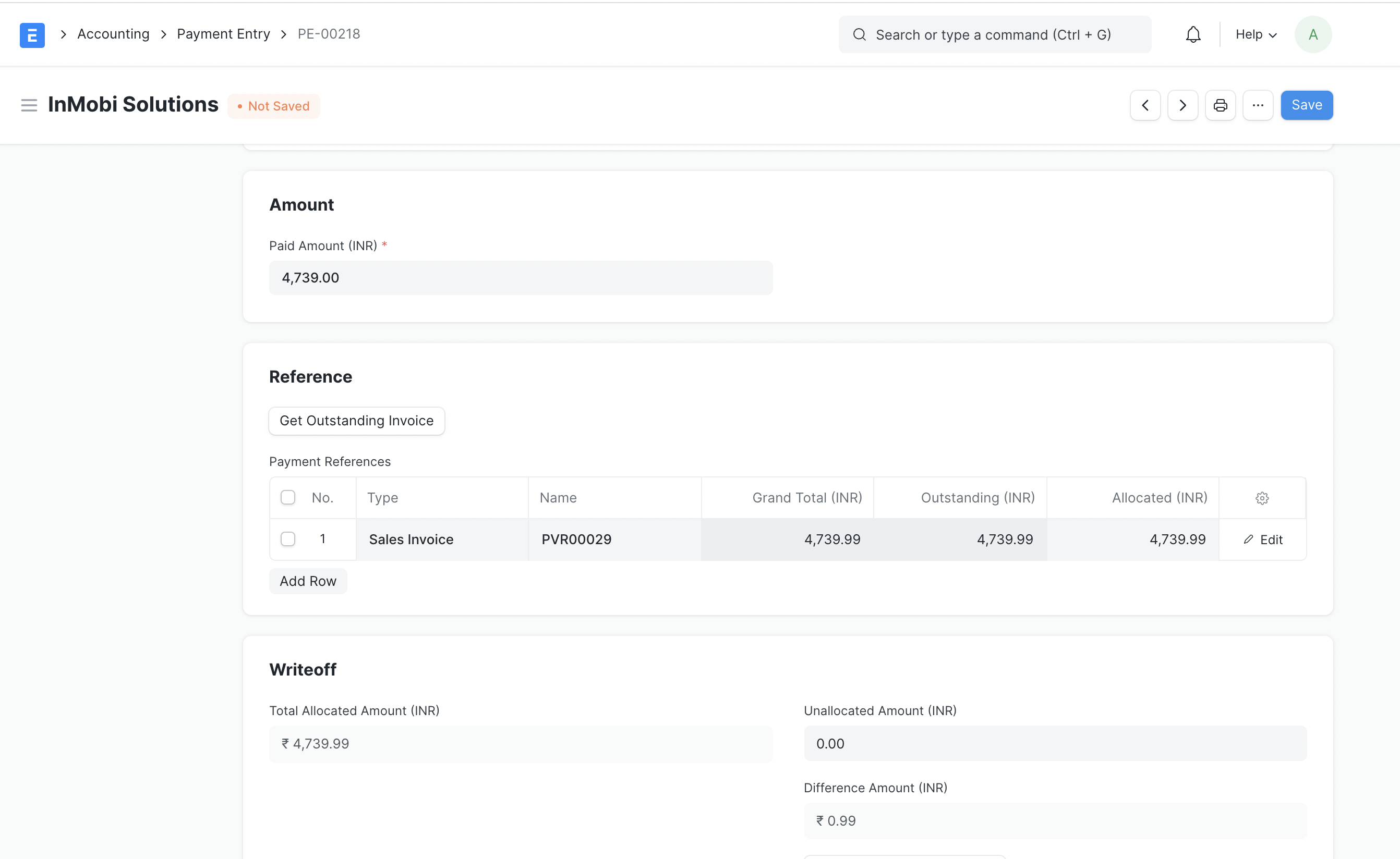 Payment Entry: Allocated and Outstanding amount are different but Writeoff is not reflecting the ...